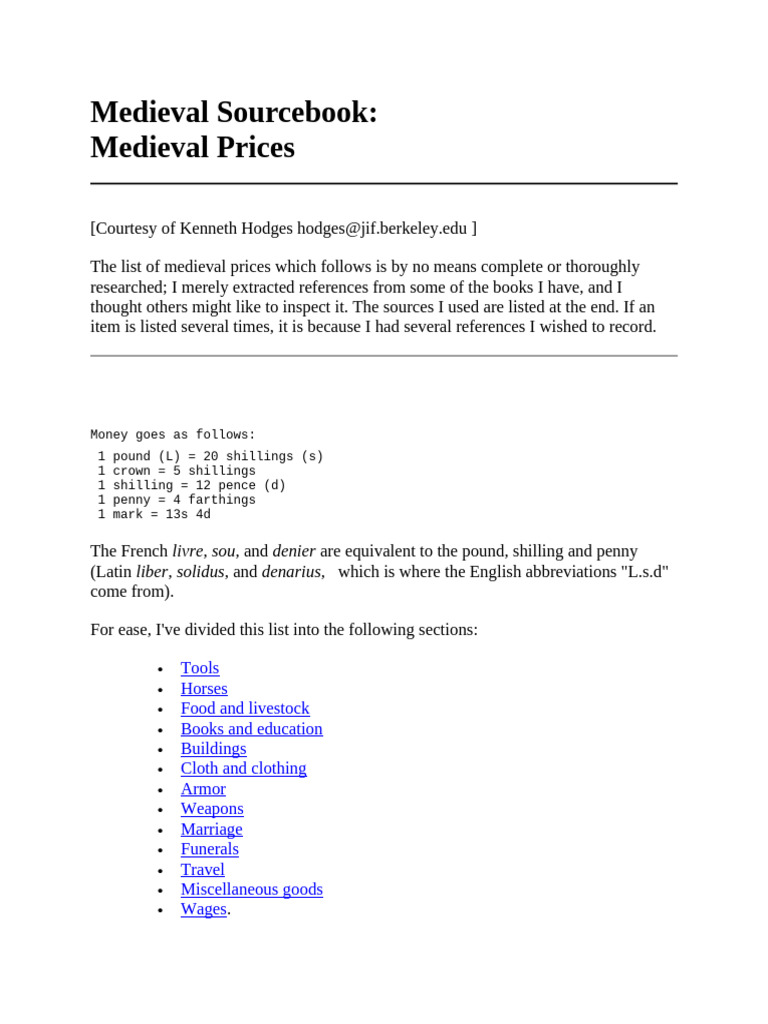 Medieval Sourcebook Price Reference | PDF | Armour | Penny