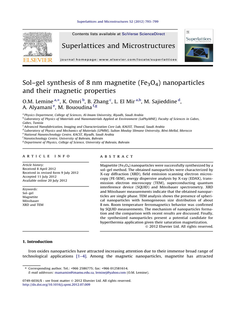Sol Gel Synthesis of 8 NM Magnetite Fe3O | PDF | Nanoparticle | Materials
