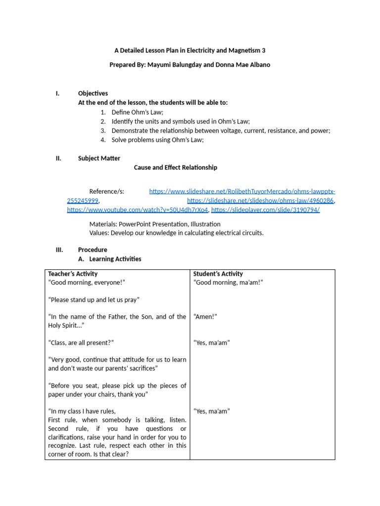 Ohm's Law Lesson Plan for Students | PDF | Voltage | Electric Current
