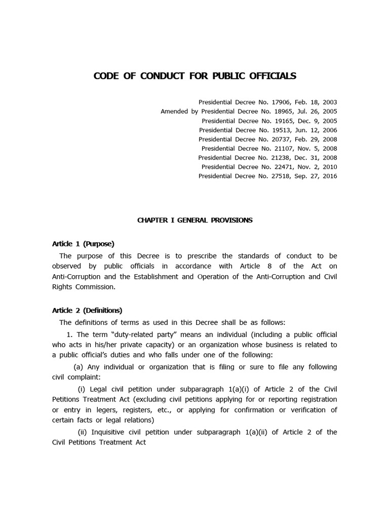 Code of Conduct for Public Officials | PDF | Article One Of The United ...