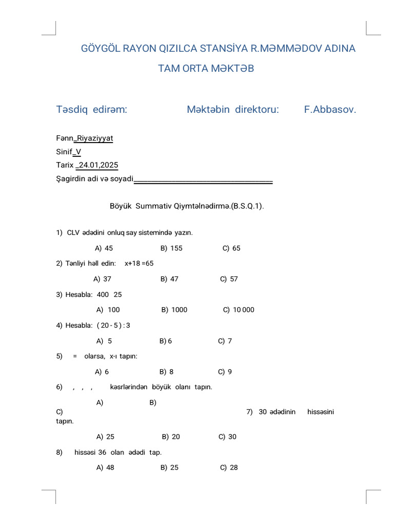 Riyaziyyat 5 Ci Sinif B.S.Q 1 | PDF