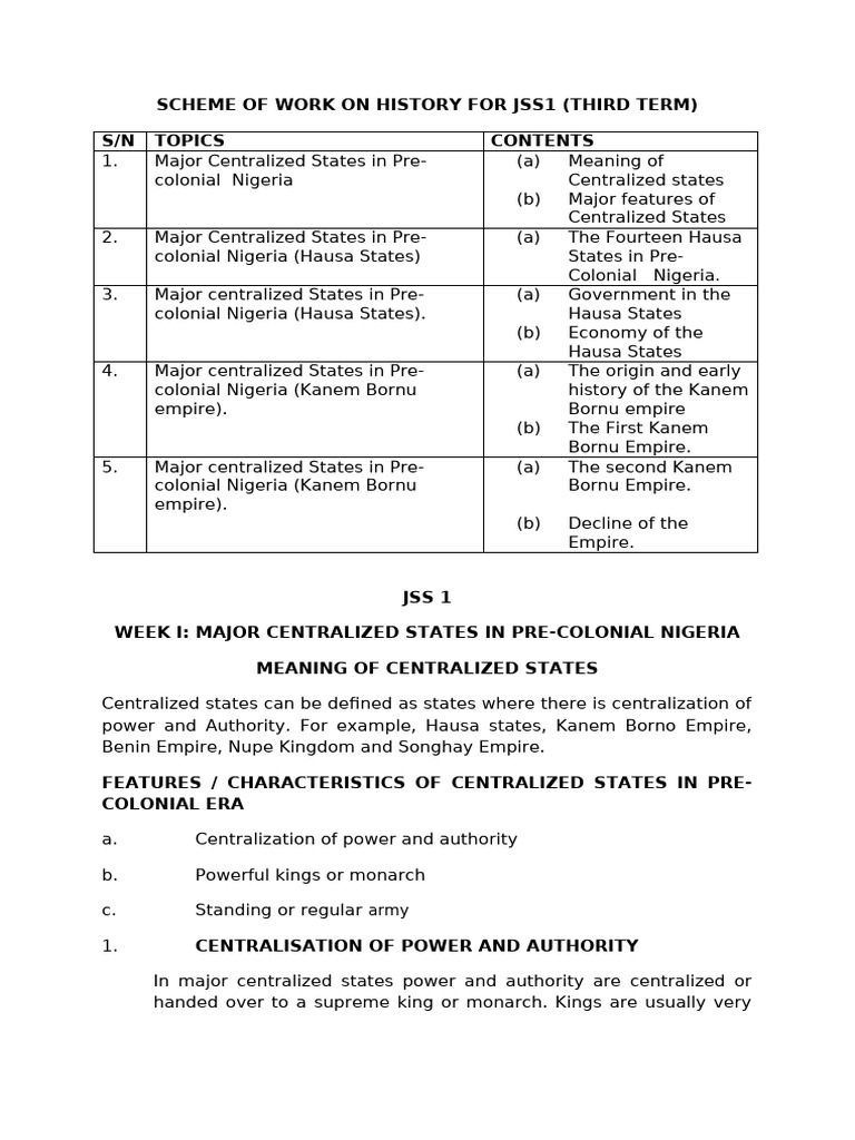 JSS1 History: Centralized States Overview | PDF | Nigeria | Monarch
