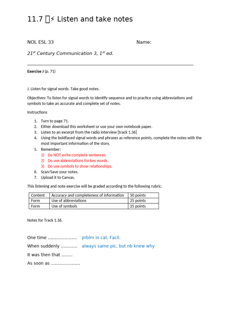 Note-Taking Exercise for Listening Skills | PDF