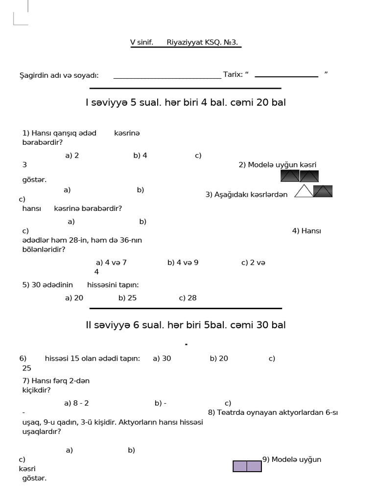 Riyaziyyat V. KSQ-3 | PDF