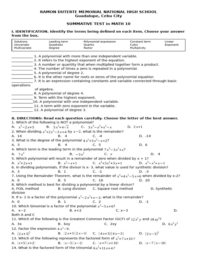 Polynomials Pdf Polynomial Factorization