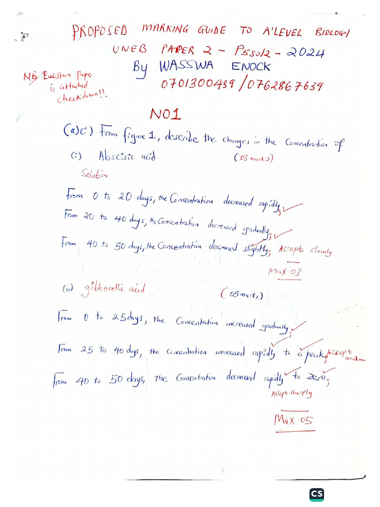 Proposed Guide To Alevel Biology Paper 2 UNEB 2024 | PDF