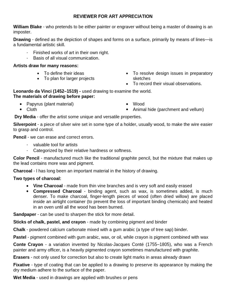 Reviewer For Art Appreciation | PDF | Drawing | Ink