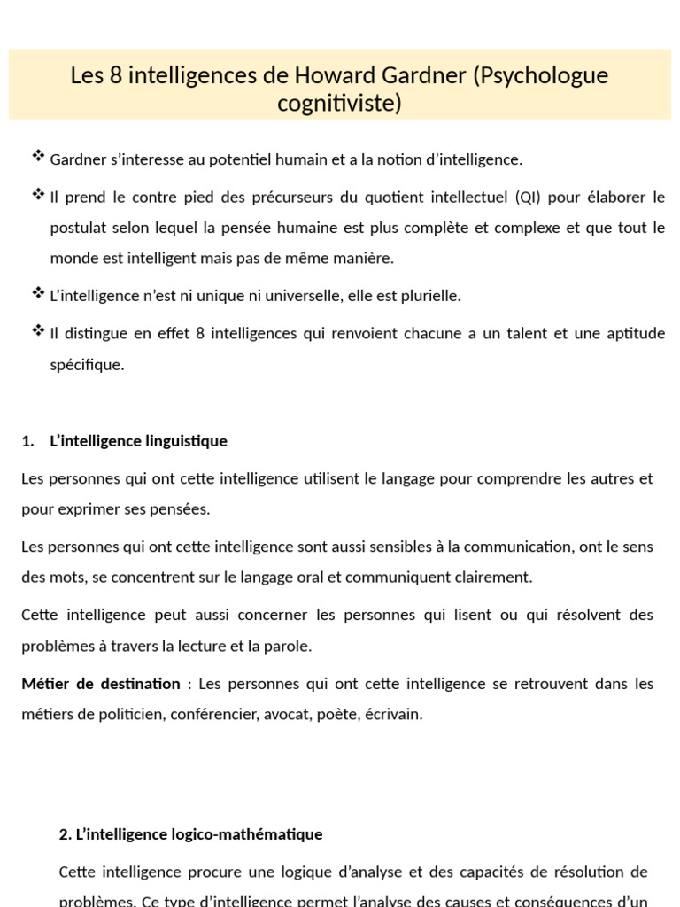 Les 8 Intelligences de Gardner | PDF | Intelligence | Quotient intellectuel