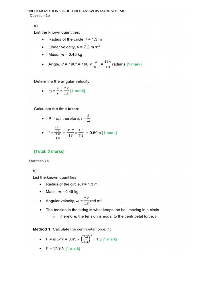 Circular Motion Structured Answers Mark Scheme | PDF