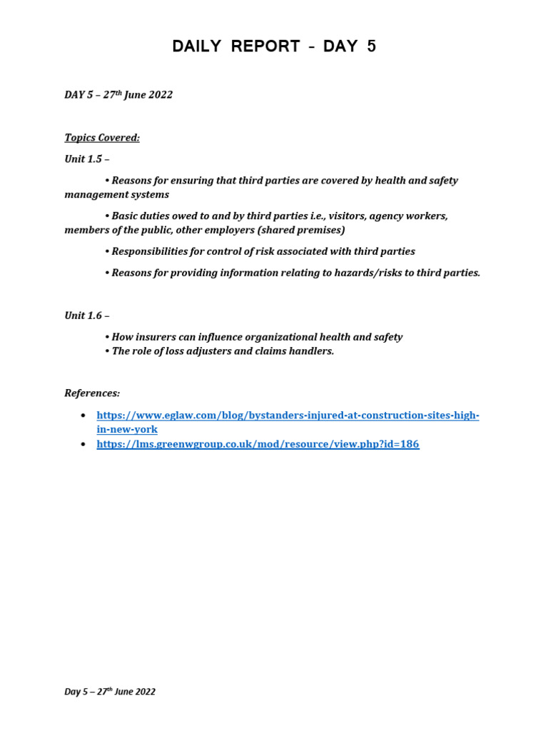 Day 5 Health & Safety Report Summary | PDF