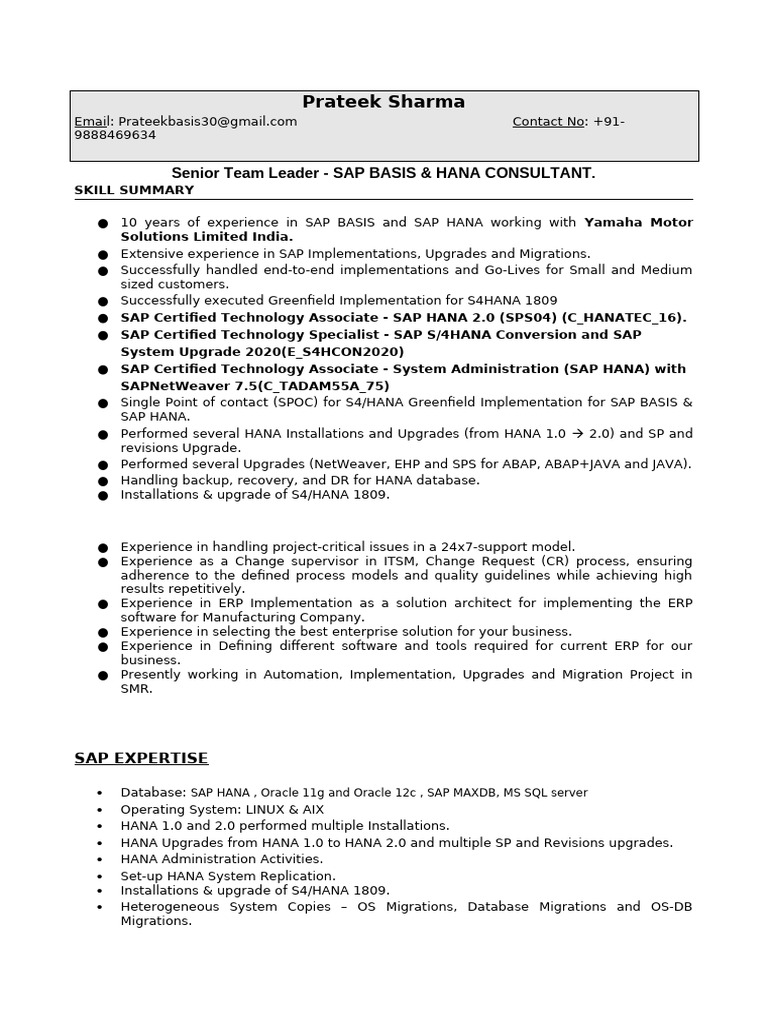 Prateek Resume SAP BASIS | PDF | Computing | Software
