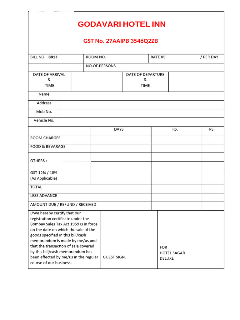 Hotel Bill Format with GST Details | PDF
