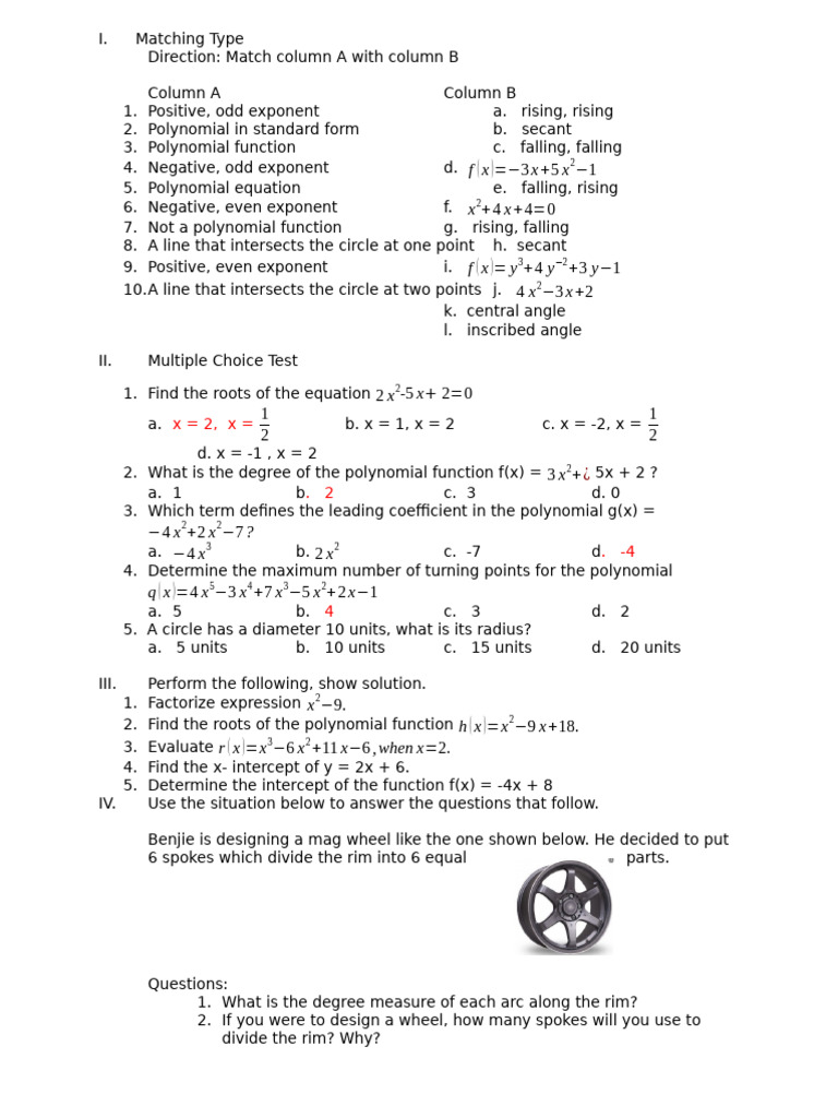 Summative2ndquarter - AnswerKey | PDF | Polynomial | Circle