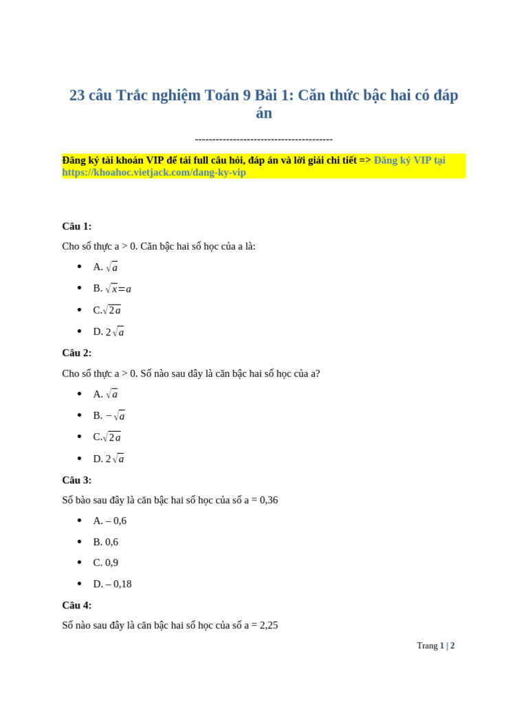 23 Cau Trac Nghiem Toan 9 Bai 1 Can Thuc Bac Hai Co Dap An - 2024 - 12 - 24 | PDF