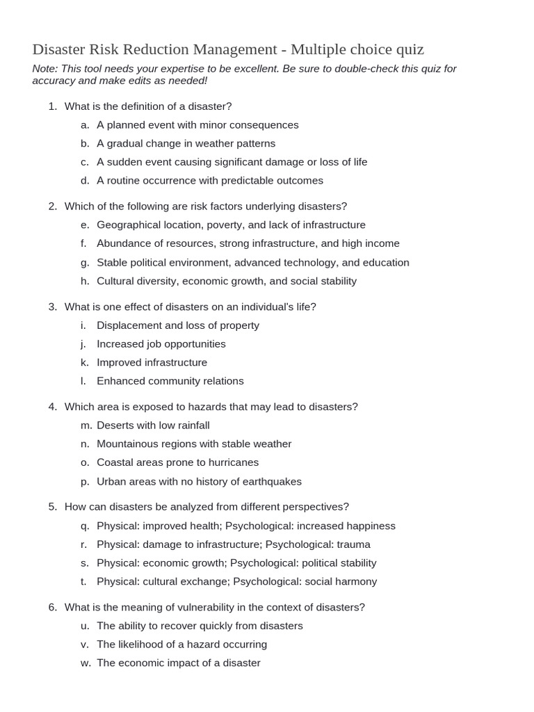 Disaster Risk Reduction Management - Multiple Choice Quiz | PDF ...