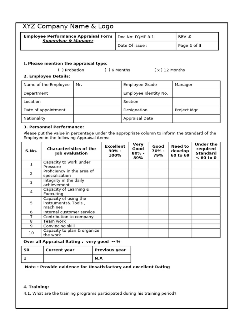 HR FQMP 8-1 Employee Perf Appraisal Form-Super&Mgr - Project MGR | PDF ...