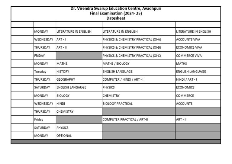 Class 9 11 Final Examination Datesheet 2024 25 Pdf