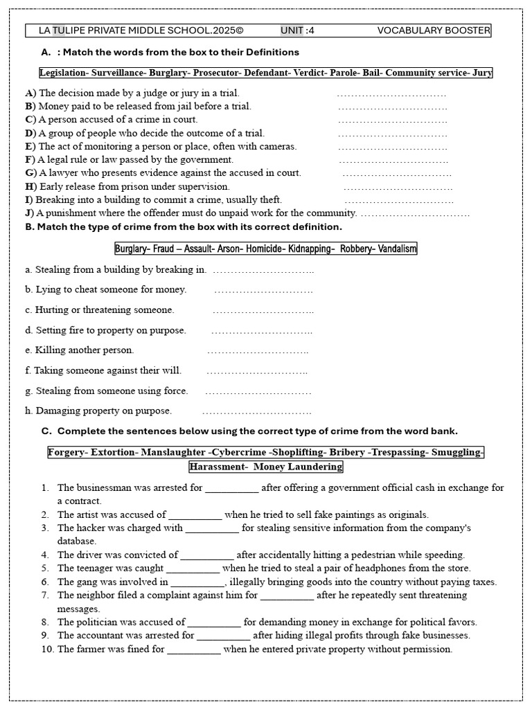 Unit 4 Third Year Exercices Vocab | PDF | Burglary | Crimes
