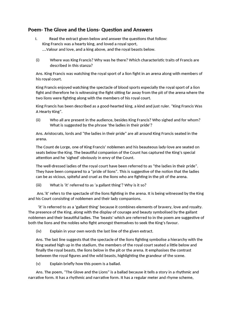 The Glove and The Lions Q and Answers - Final | PDF