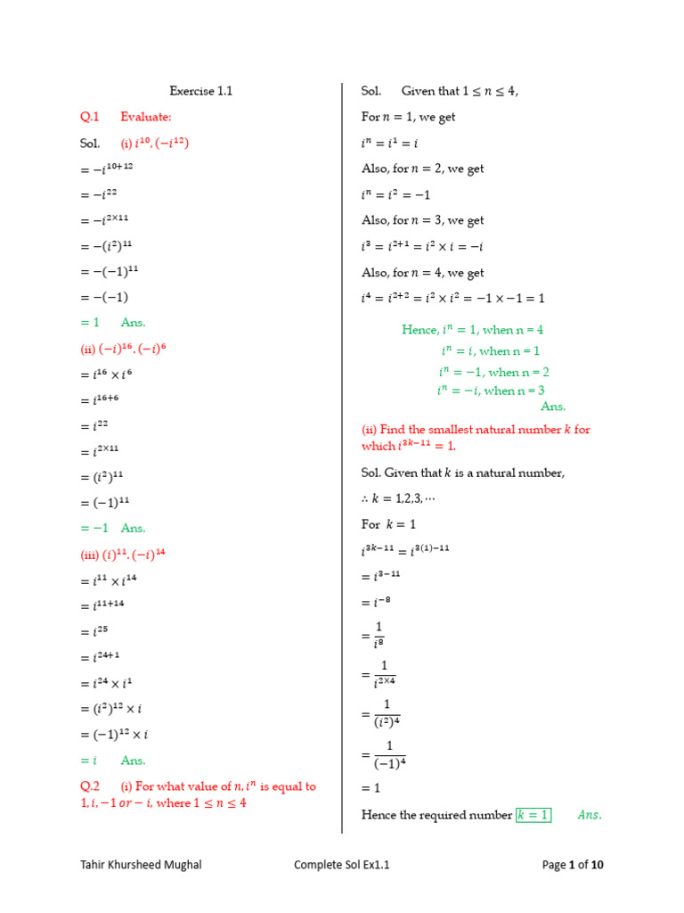 Complete Sol Ex1.1 | PDF | Algebra | Complex Analysis