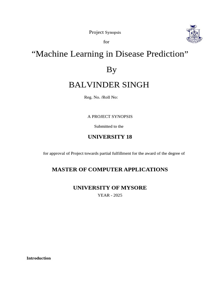 Project Synopsis - Machine Learning in Disease Prediction | PDF | Machine Learning ...