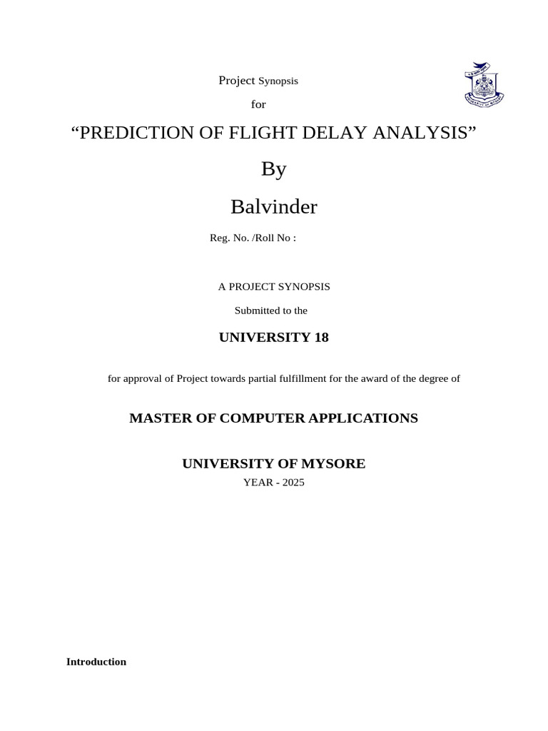 Project Synopsis - Prediction of Flight Delay Analysis | PDF | Prediction | Machine Learning