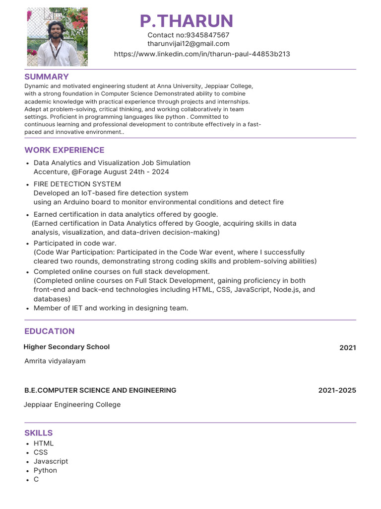 P.Tharun: 2021 Higher Secondary School | PDF