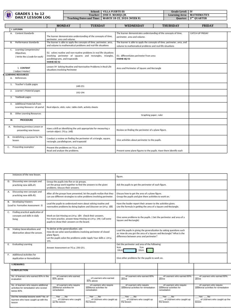 DLL_MATHEMATICS 4_Q3_W8 | PDF | Area | Learning