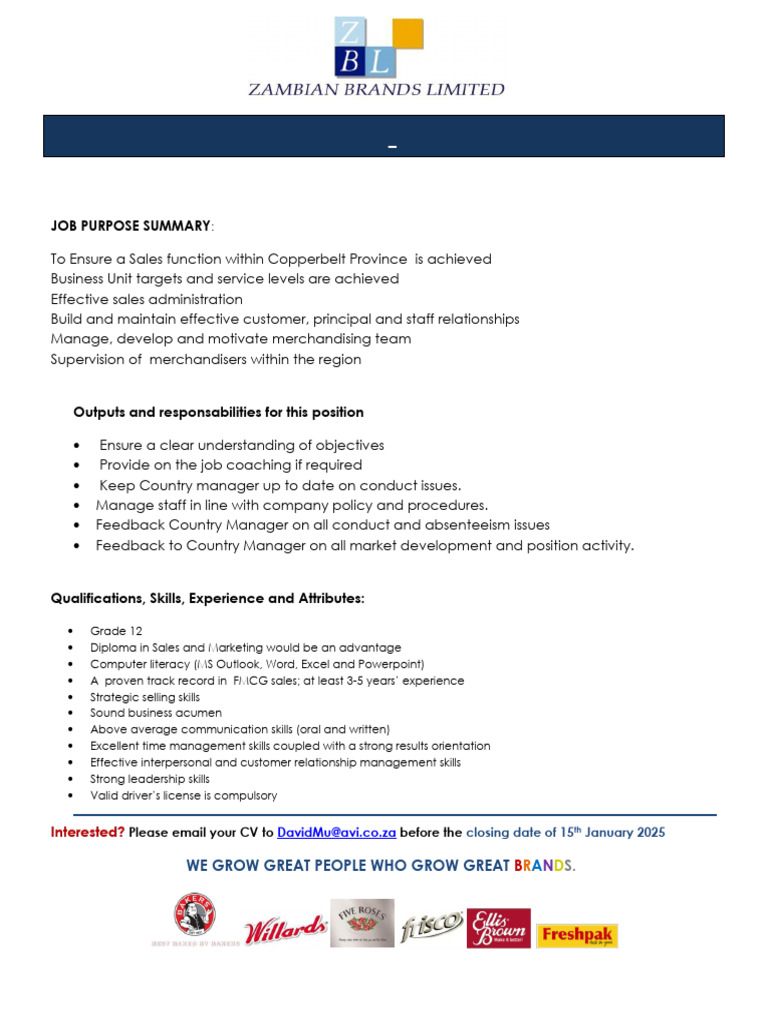 Job Advert-Sales RepresentativeZBLJan25 | PDF