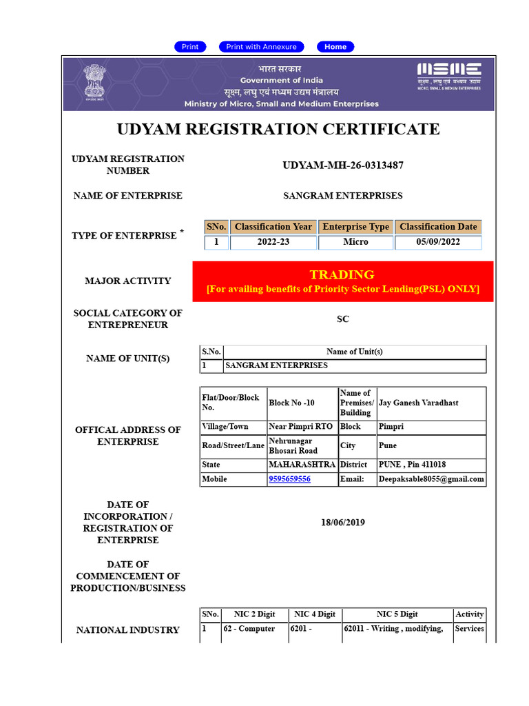 Print - Udyam Registration Certificate | PDF