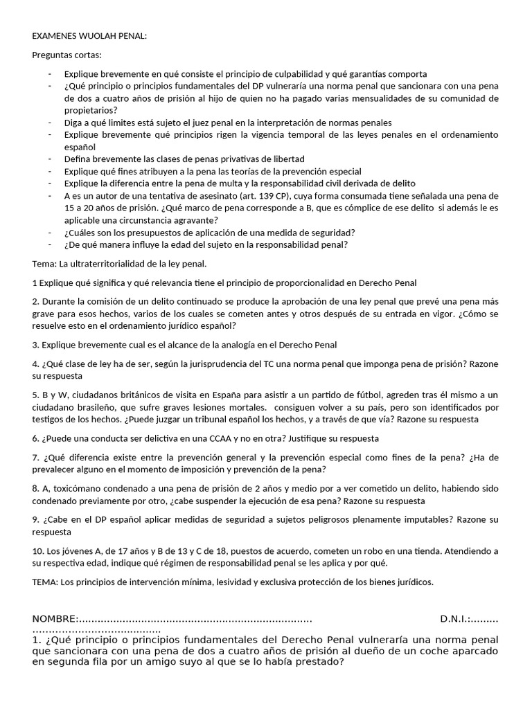Examen Derecho Penal | PDF | Derecho penal | Castigos