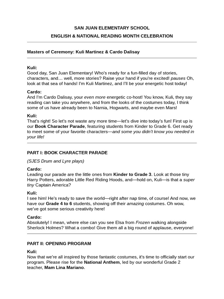 SAMPLE Script For The 2024 ENGLISH and READING MONTH CULMINATING ...