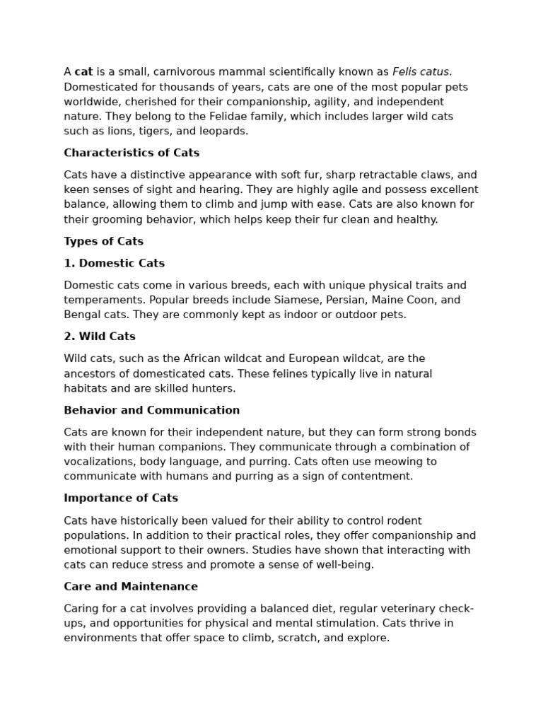 Characteristics and Care of Cats | PDF