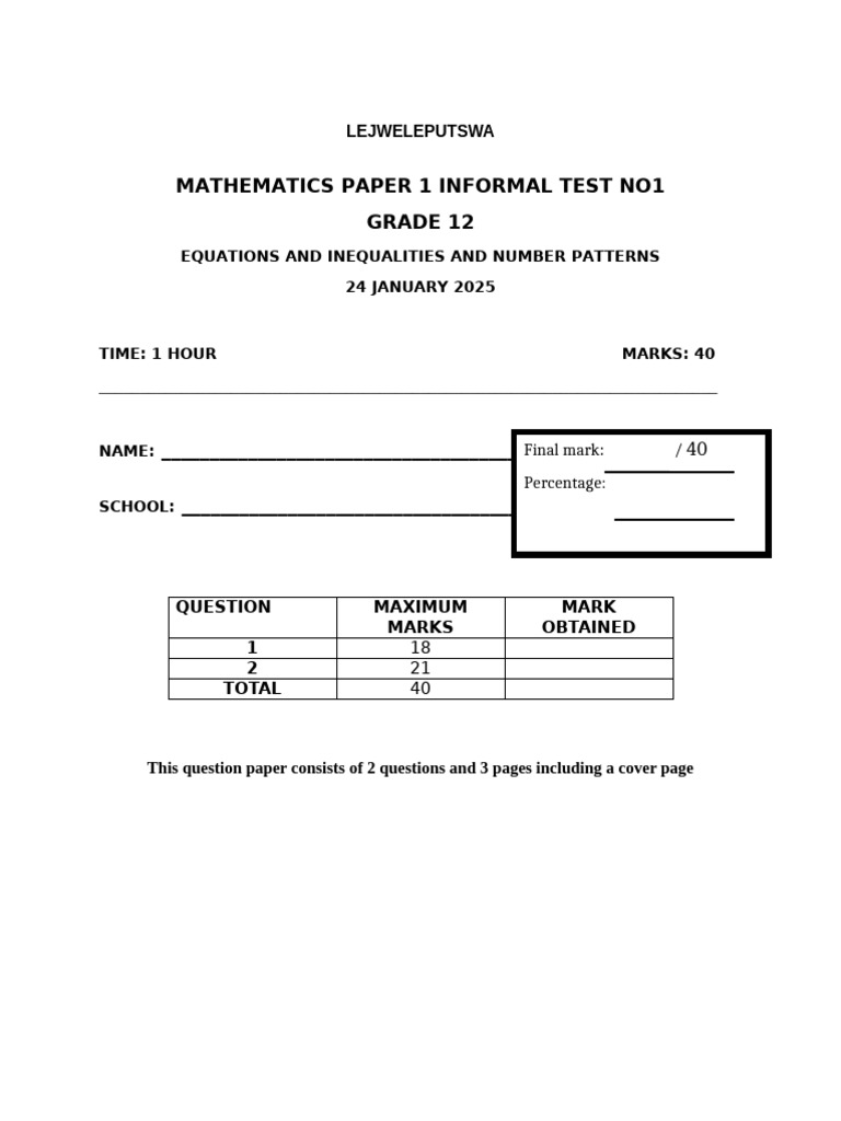 Grade 12 Math Test: Equations & Patterns | PDF | Numbers | Quadratic ...