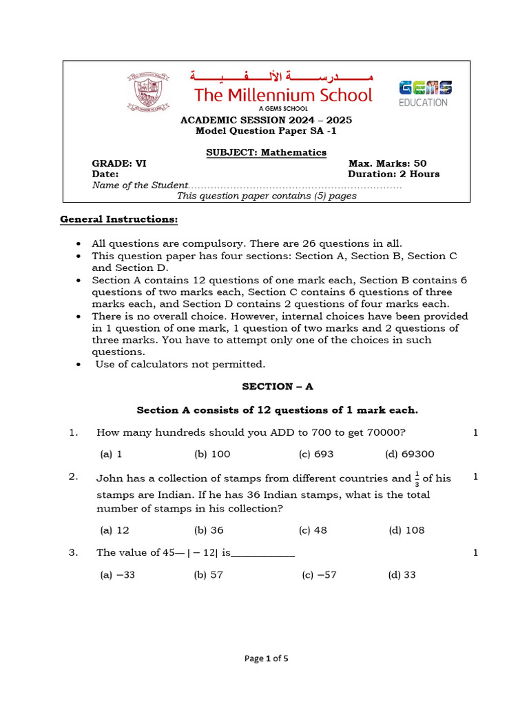 6th Grade Maths SA1 Model Paper 2024 | PDF | Mathematics