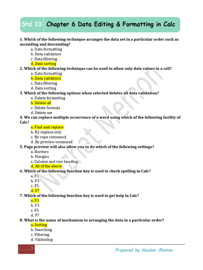 Class 10 Computer: Data Editing MCQs | PDF