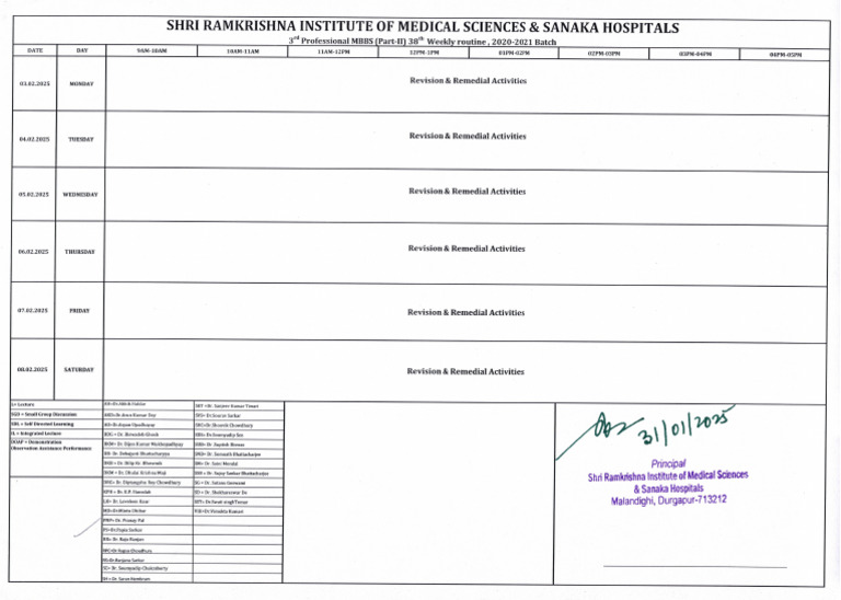 3rd Professional MBBS (Part-II) 38th Weekly Routine, 2020-2021 Batch | PDF