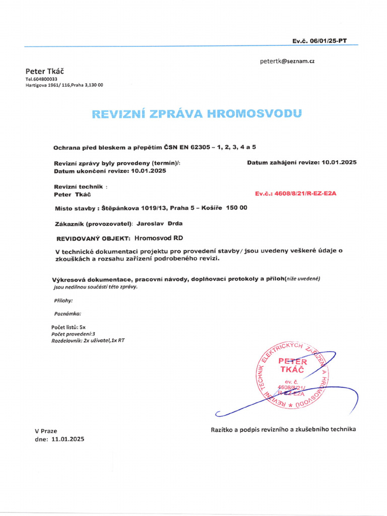 Revize Hromosvodu RD - Jaroslav Drda20250111 - 18540144 | PDF