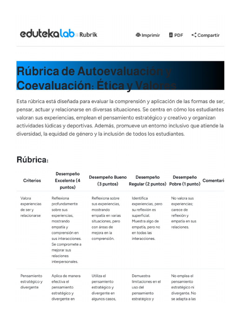Rúbrica de Autoevaluación Y Coevaluación - Ética Y Valores | PDF