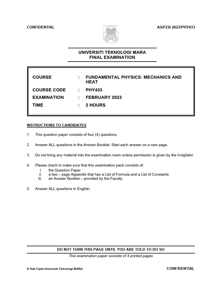 Exam AS FEB 2023 PHY433 Exam | PDF | Acceleration | Density