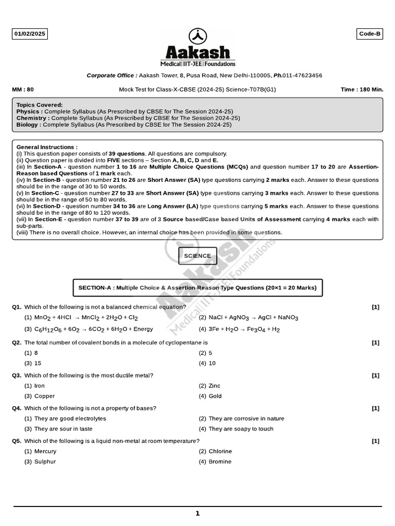 CBSE Mock Test-7B - All Groups (C-10) - Science (01-02-2025) | PDF