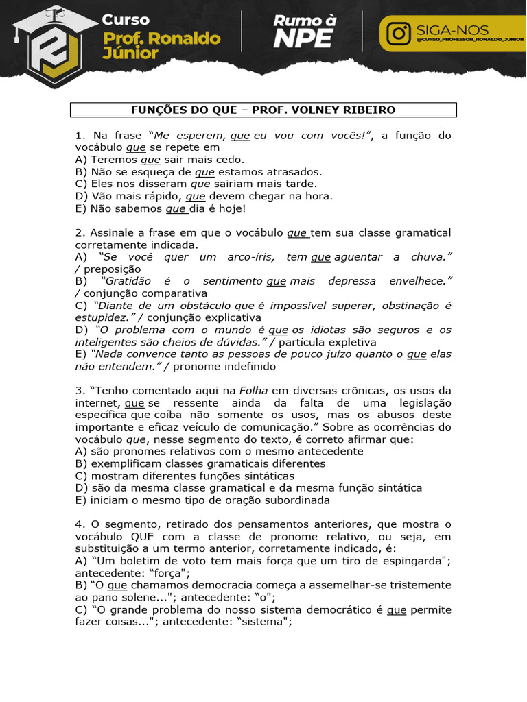 Funções do "Que" na Língua Portuguesa | PDF | Pronome | Classe gramatical