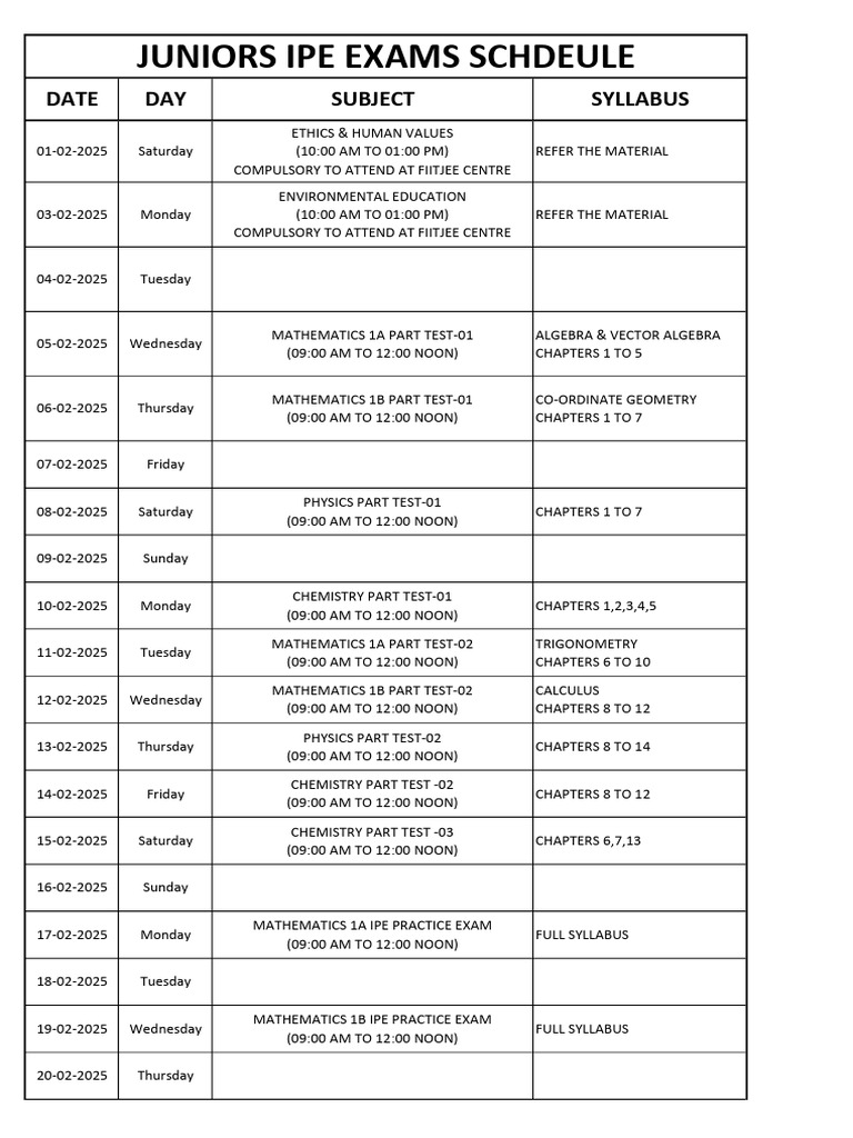 Juniors Ipe Exams Schedule-1 | PDF | Mathematics