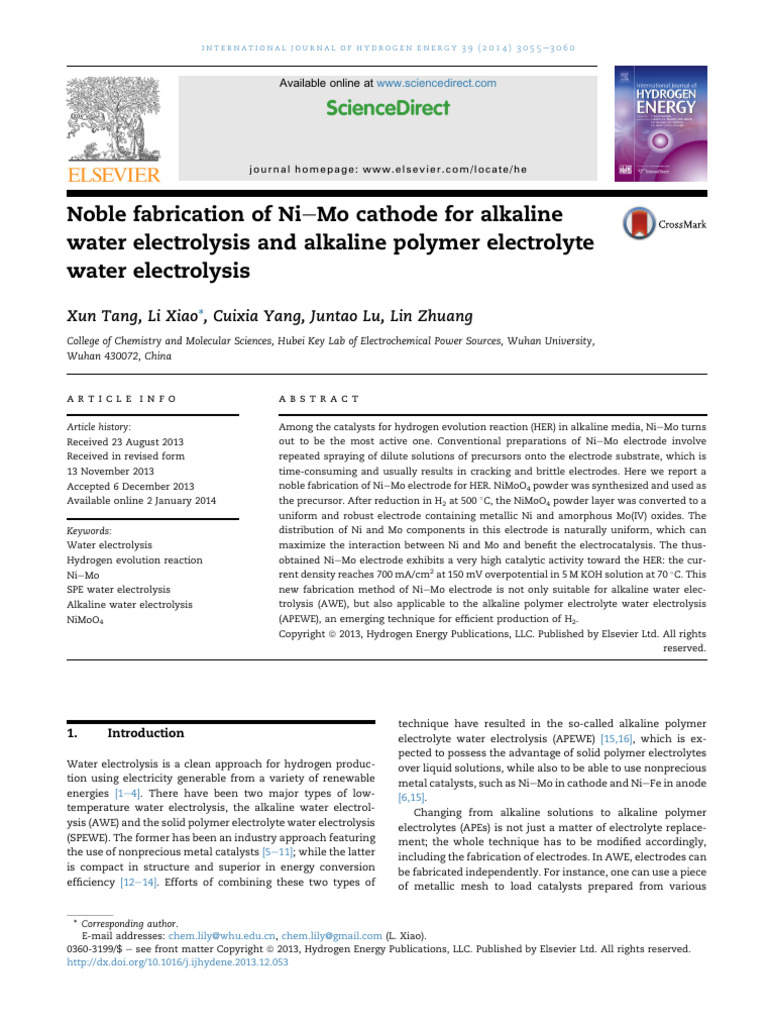Noble Fabrication of Ni Mo Cathode For A | PDF | Electrochemistry | X ...