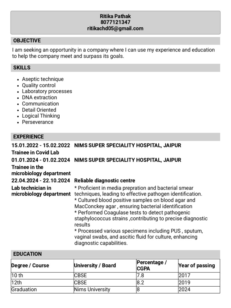Ritika Pathak: Lab Technician Profile | PDF