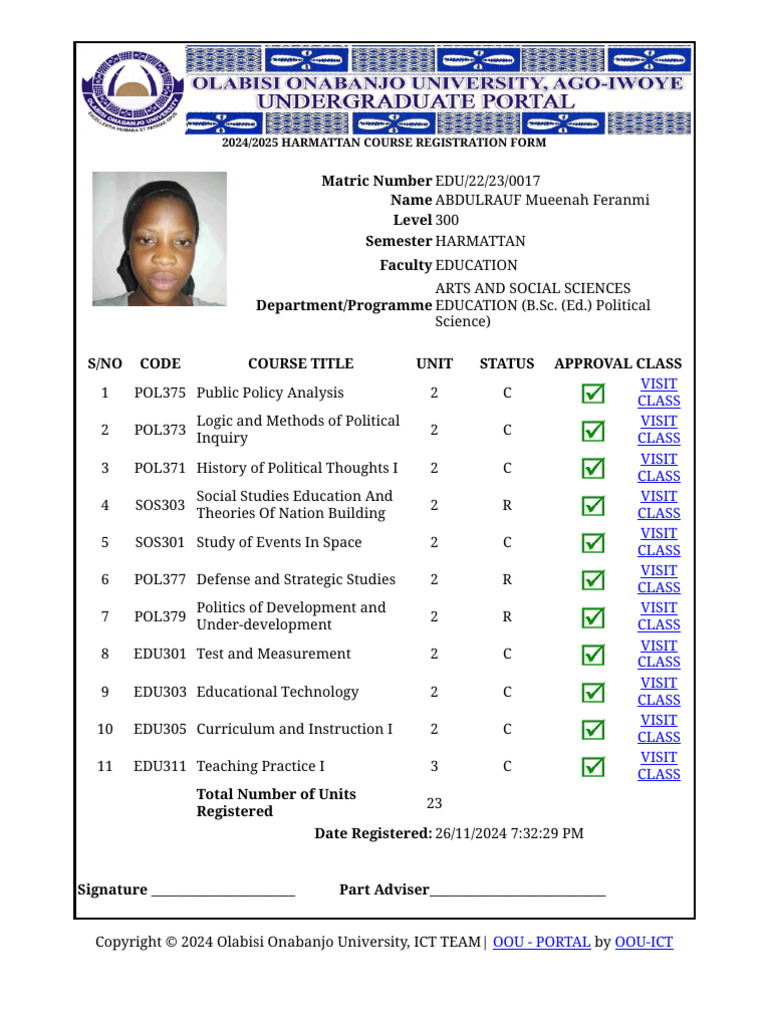 Harmattan 2024 - 2025 Course Registration Form | PDF | Science
