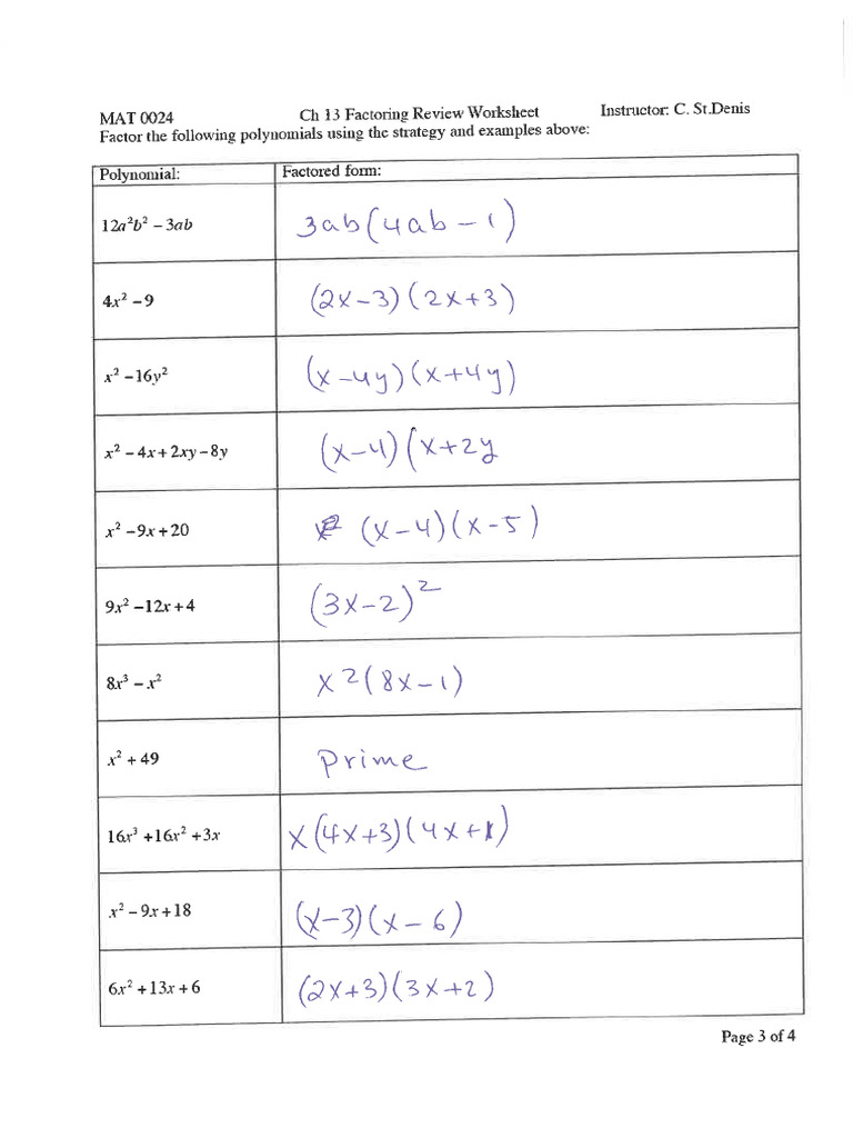 Factoring Work Sheet Answers | PDF