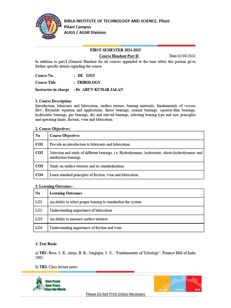 Tribology Course Handout DE G513 | PDF | Friction | Bearing (Mechanical)