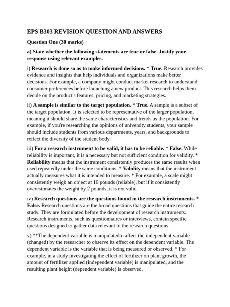 EPS B303 Revision Q&A: Research Methods | PDF | Sampling (Statistics ...