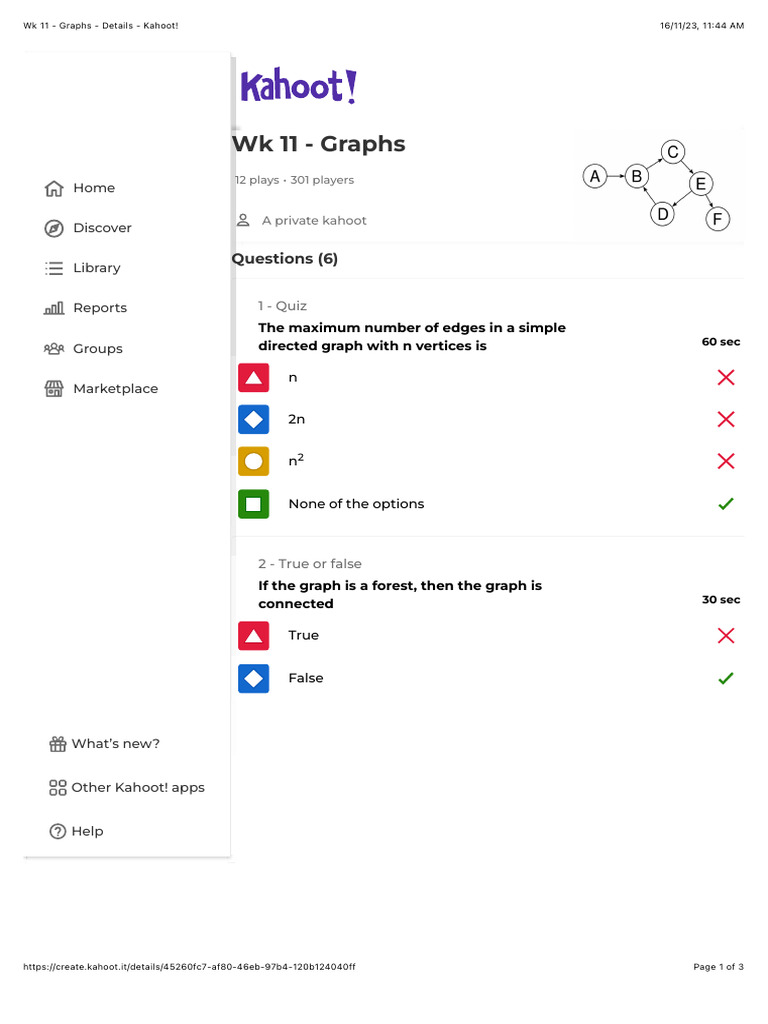 Wk 11 - Graphs - Details - Kahoot! | PDF | Graph Theory | Computational Problems